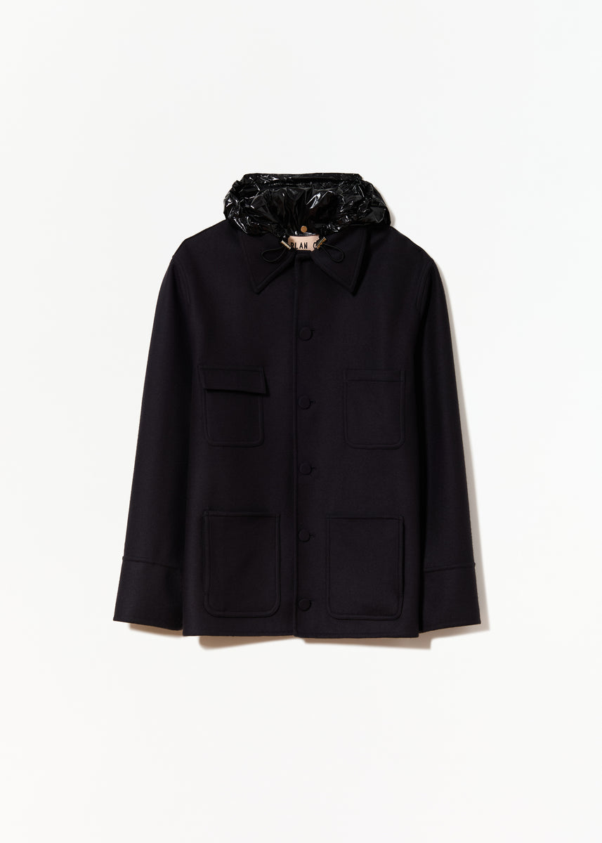 BLUE BLACK WOOL HOODED JACKET - Plan C